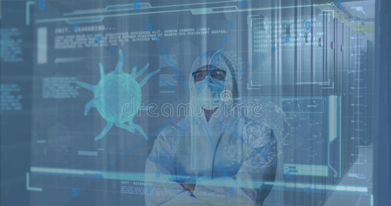 Image of Covid 19 Virus Cell and Data Processing Over Man in Ppe Suit ...