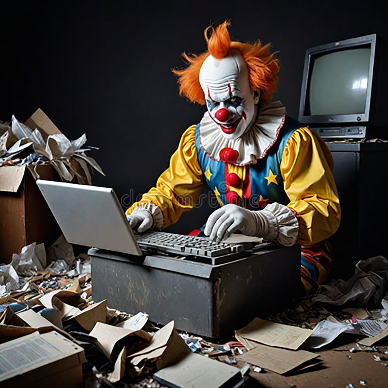 Scary Clown Playing an Old Computer in the Dark Room Stock Illustration ...