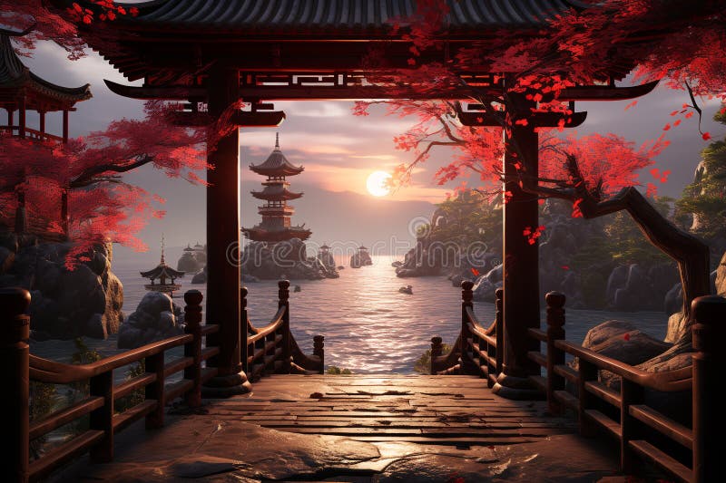Abstract Image of Ancient Torii Gate. Landscape in Japanese Style. Ai ...
