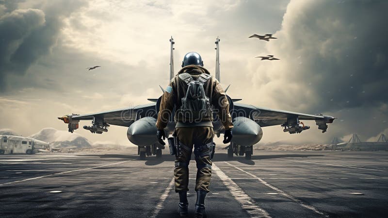Military Pilot Goes To the Fighter. Ai Generative Stock Illustration ...