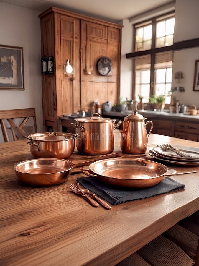 Image Created by AI, the Image Shows a Set of Copper Kitchen Utensils ...