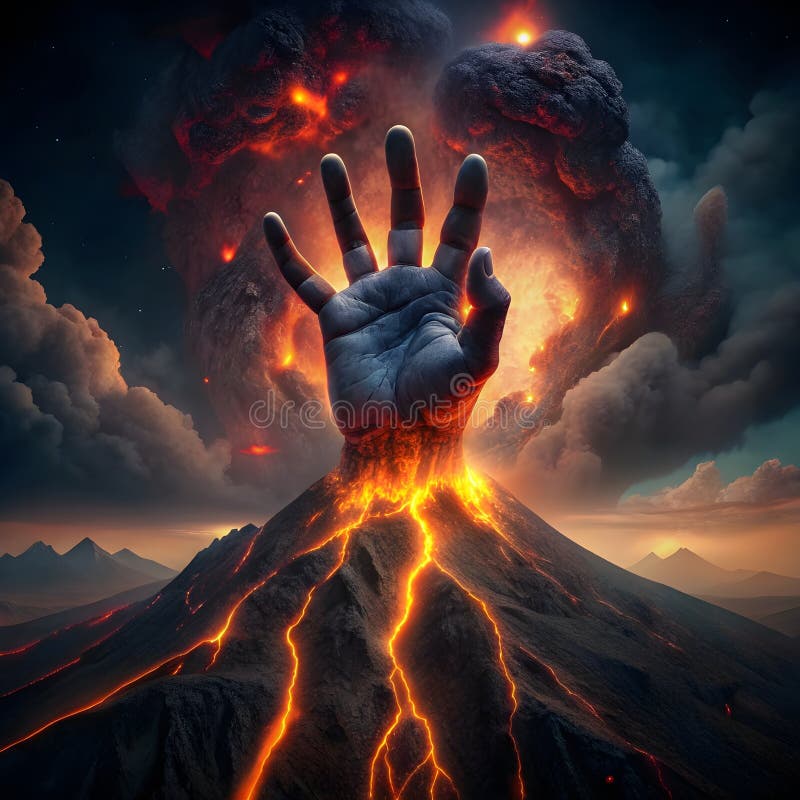 An Enormous Hand Came Out from the Top of the Erupting Volcano Stock ...