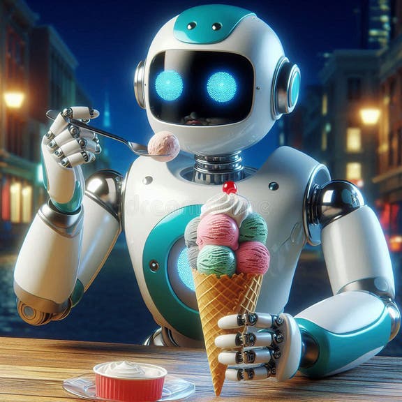 Robot Eats Ice Cream in a Bar, Evening Lights, Robot Resting Stock ...