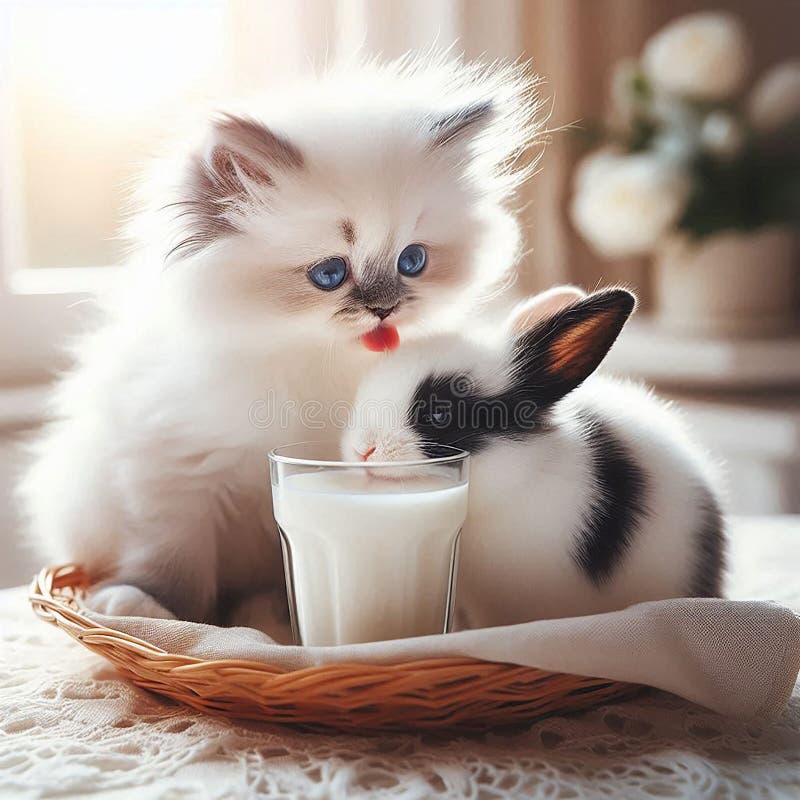 White Fluffy Kitten with Rabbit Drinking Milk Stock Illustration ...
