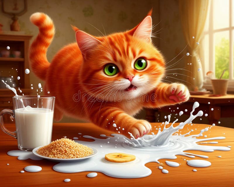 3d Ginger Cat Slides Across Spilled Milk on the Dining Table Stock ...