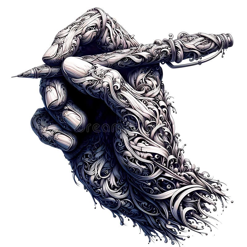 Black and White Illustration of an Ornamental Hand Holding a Pen Stock ...