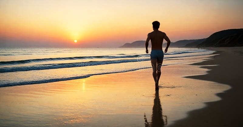 A Runner S Silhouette at Sunset. Back View of a Man Running Alone on ...