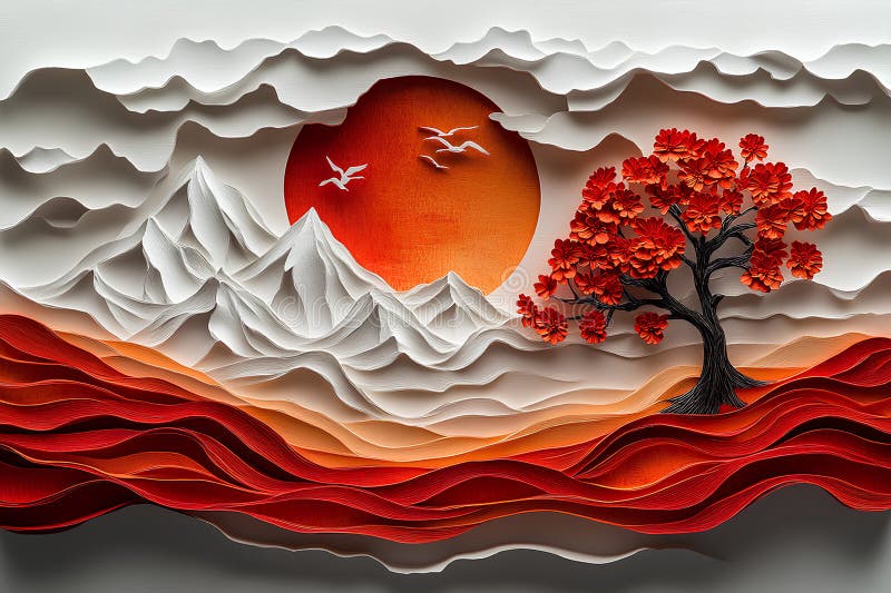 Paper Carving Technology with Mountains and Water Stock Photo - Image ...