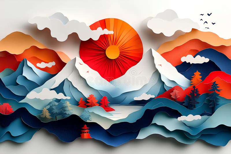 Paper Carving Technology with Mountains and Water Stock Illustration ...