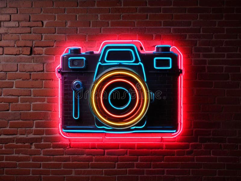 Neon Camera on a Brick Wall. Stock Photo - Image of screenshot, brick ...