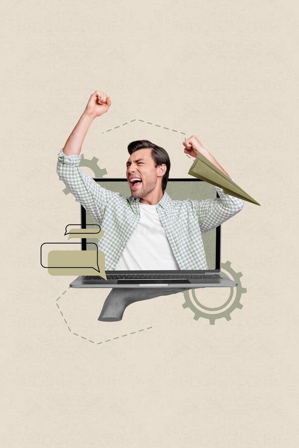Image Creative Collage of Happy Excited Man in Computer Screen Winning ...