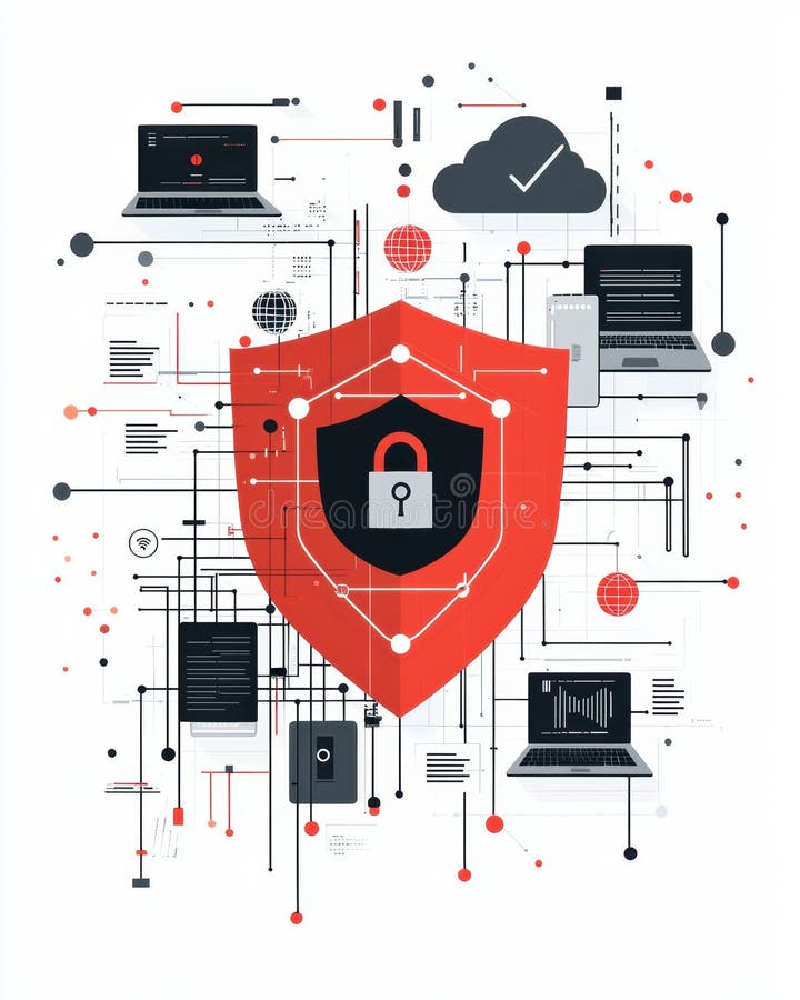 Exploring Cybersecurity through a Red Shield Surrounded by Icons ...
