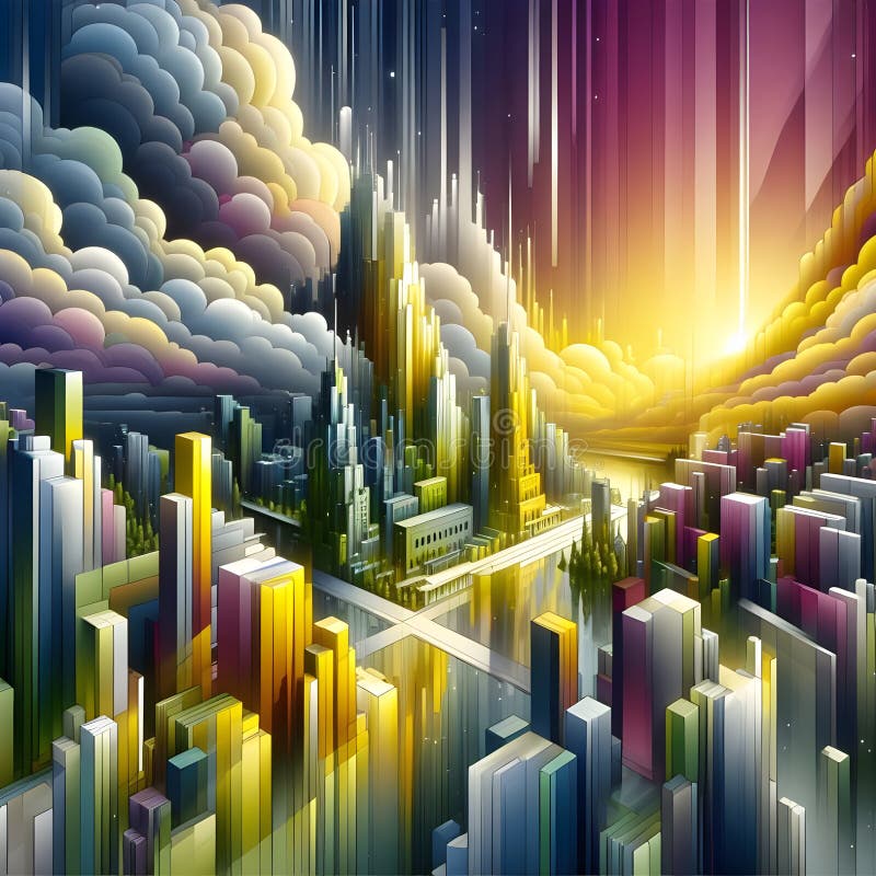 Image of Crepuscular Rays Over a Biomorphic Abstraction Cityscape of ...