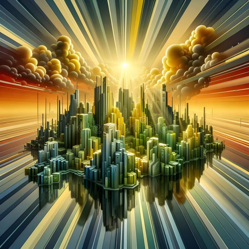 Image of Crepuscular Rays Over a Biomorphic Abstraction Cityscape of ...