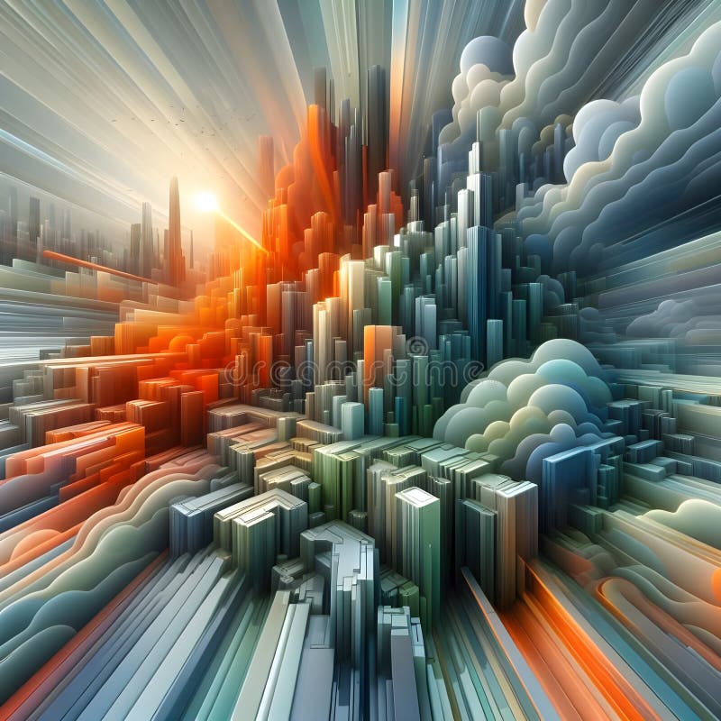 Image of Crepuscular Rays Over a Biomorphic Abstraction Cityscape of ...