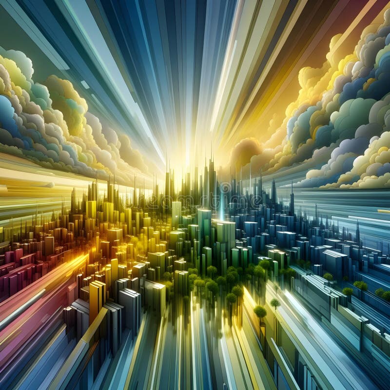 Image of Crepuscular Rays Over a Biomorphic Abstraction Cityscape of ...
