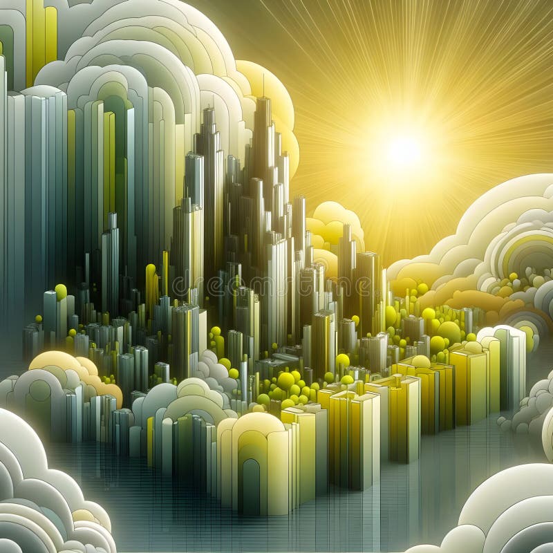 Image of Crepuscular Rays Over a Biomorphic Abstraction Cityscape of ...