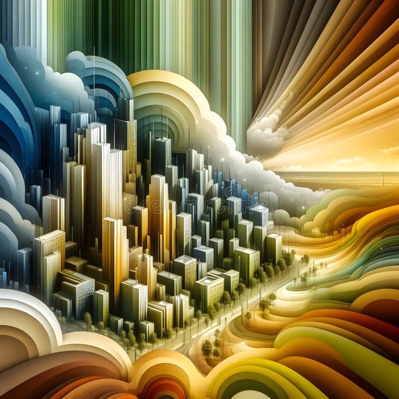 Image of Crepuscular Rays Over a Biomorphic Abstraction Cityscape of ...