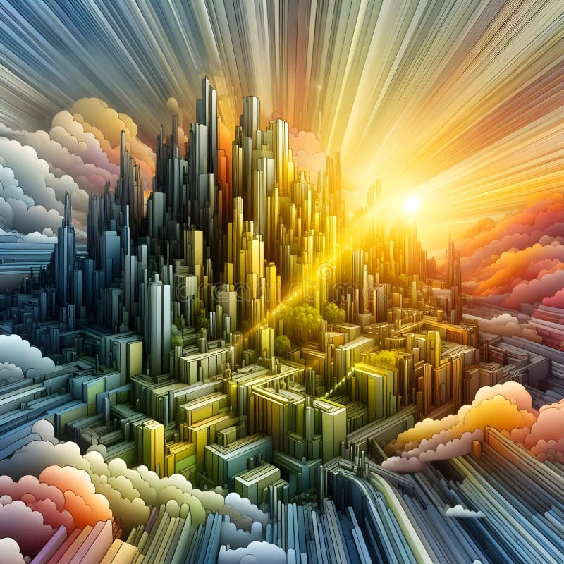 Image of Crepuscular Rays Over a Biomorphic Abstraction Cityscape of ...