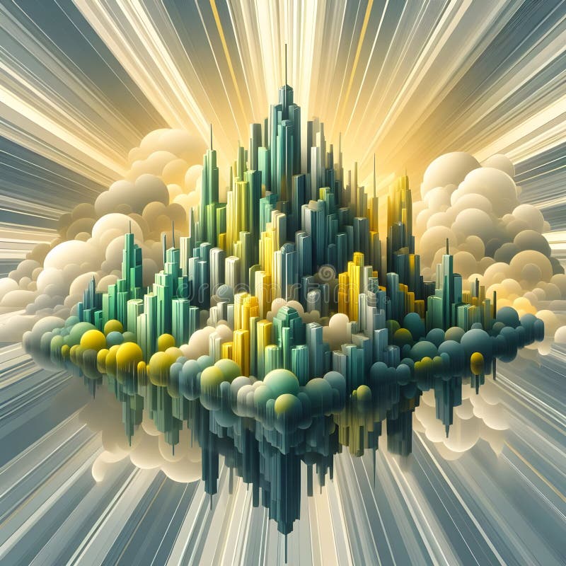 Image of Crepuscular Rays Over a Biomorphic Abstraction Cityscape of ...