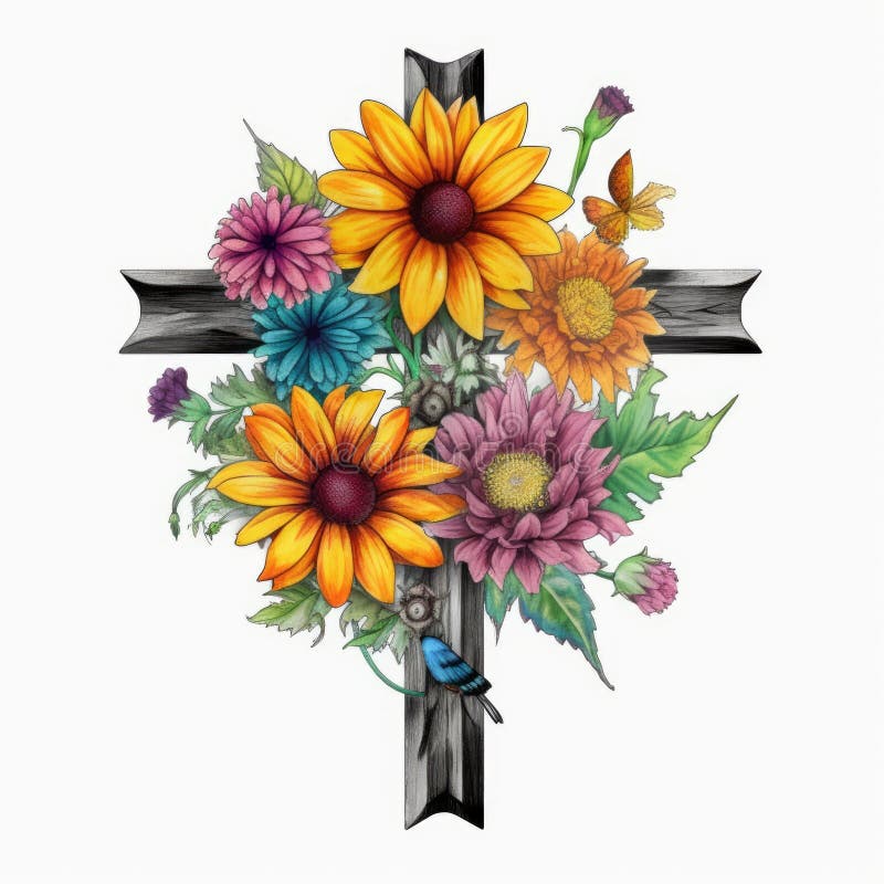 Image of Cross Designed with Sun Flowers Generative AI Stock ...