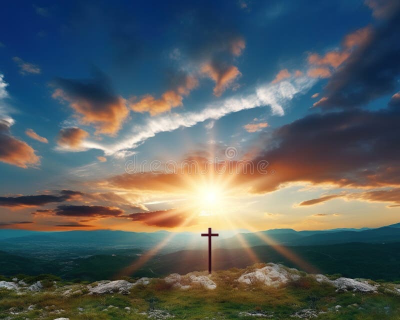 The Cross of God is in the Sun S Rays on a Hill. Stock Illustration ...