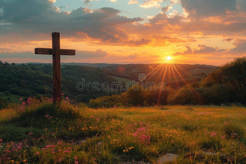 Cross on Top of Mountain with Sun Rays and Clouds in Background. Stock ...