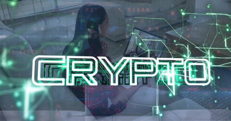 Image of Crypto Text Over Data Processing and Connections Over Biracial Woman Using Laptop Stock ...