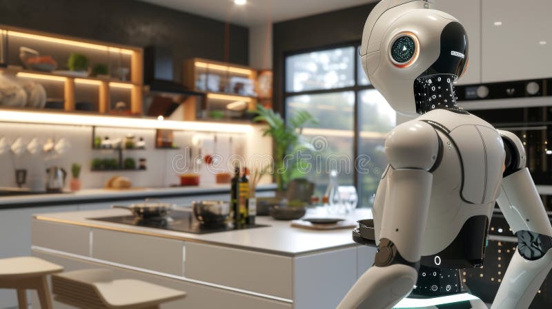 Robot in Modern Kitchen Setting Stock Photo - Image of robotics, sleek ...