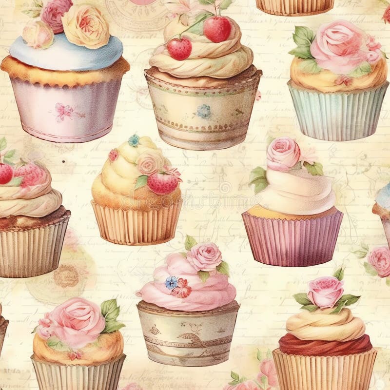 Cupcakes Old Paper, Vintage Digital Paper Stock Illustration ...