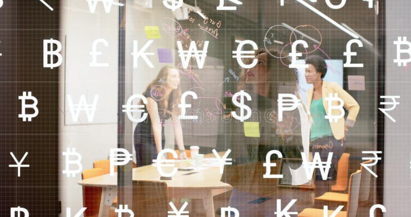 Image of Currency Icons Over Diverse Business People Discussing Work in ...