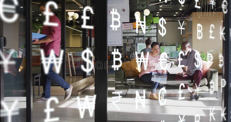Image of Currency Symbols Over Diverse Colleagues Discussing Work in ...