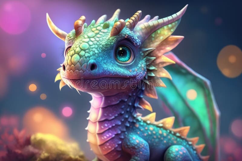 Image of Cute Blue Dragon Over Colourful Light Spots, Using Generative ...