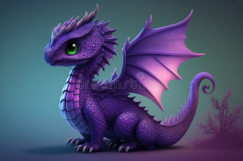 Image of Cute Blue Dragon Over Purple Background with Plant, Using ...
