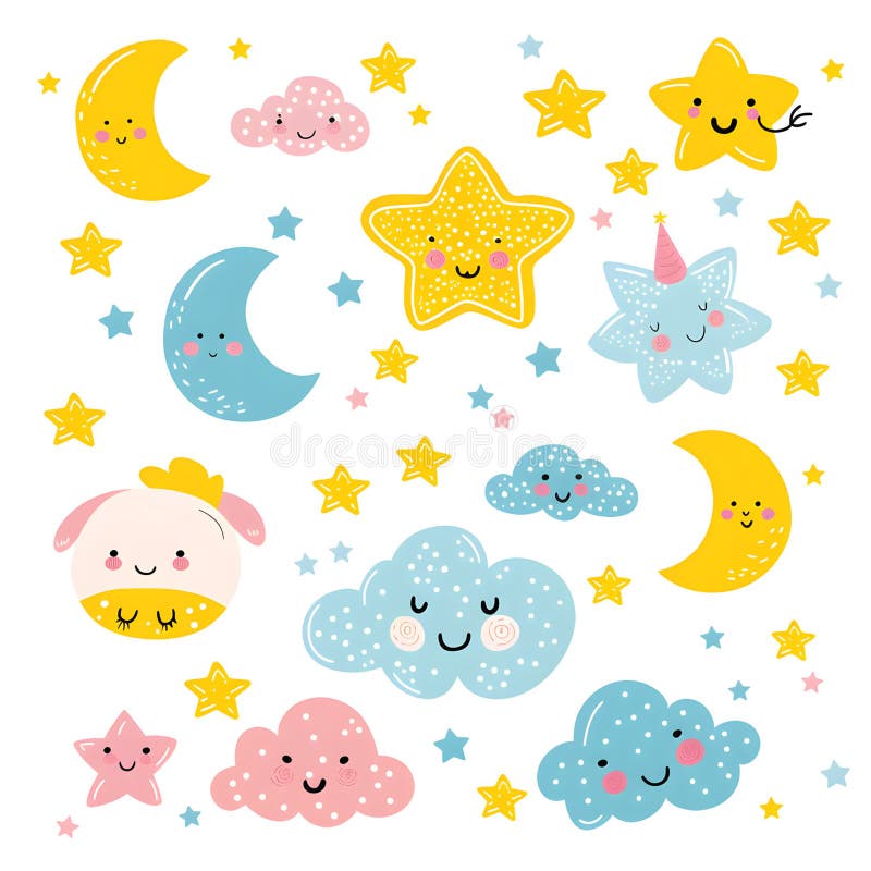 Image of Cute Celestial Objects with Faces, Including Stars, Clouds ...