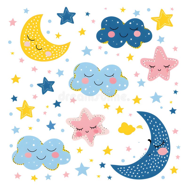 Image of Cute Celestial Objects with Faces, Including Stars, Clouds ...