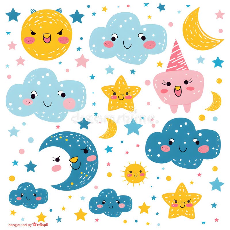 Image of Cute Celestial Objects with Faces, Including Stars, Clouds ...
