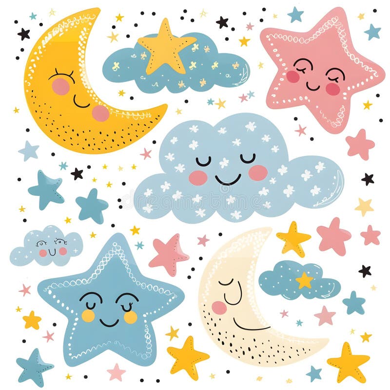 Image of Cute Celestial Objects with Faces, Including Stars, Clouds ...