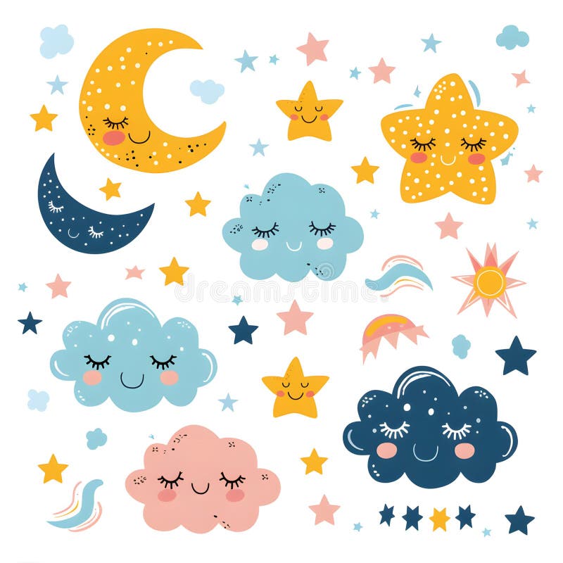 Image of Cute Celestial Objects with Faces, Including Stars, Clouds ...