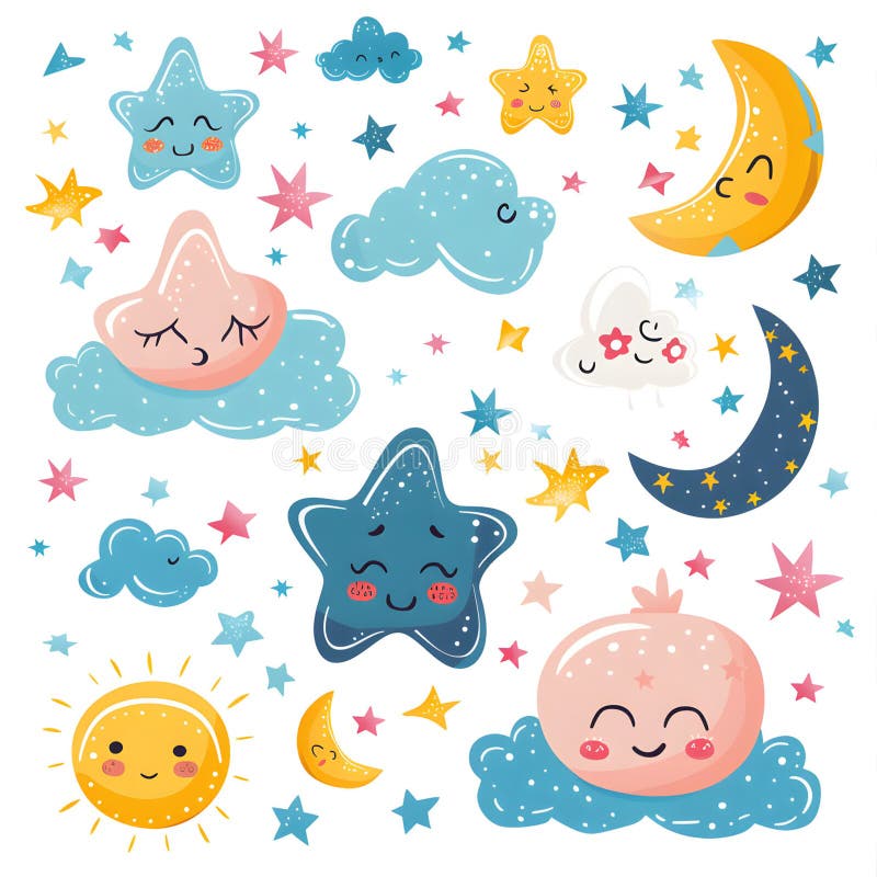 Image of Cute Celestial Objects with Faces, Including Stars, Clouds ...