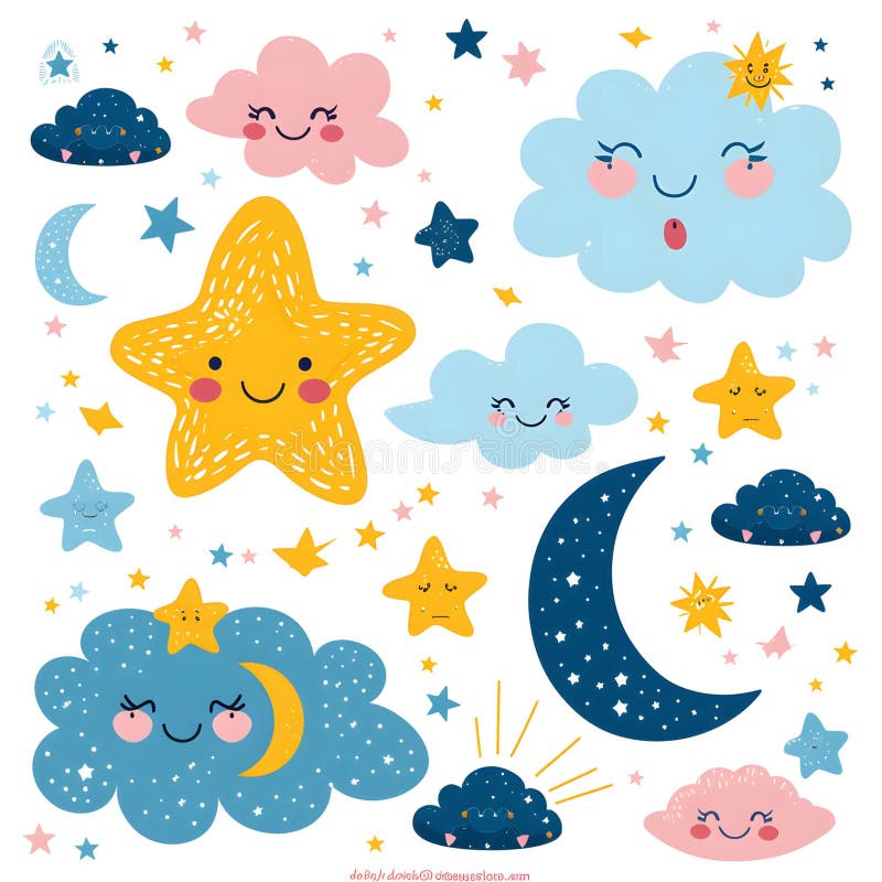 Image of Cute Celestial Objects with Faces, Including Stars, Clouds, and Moon. Cartoon Graphic ...