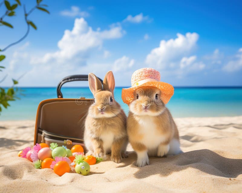 Cute Easter Bunnies with Eggs on Vacation. Stock Illustration ...