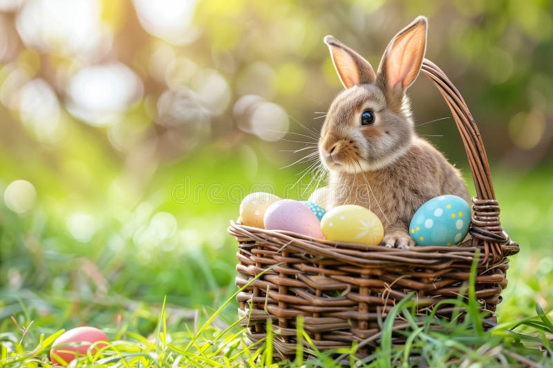 Cute Easter Bunny Sitting in an Easter Basket with Colorful Eggs. Stock ...