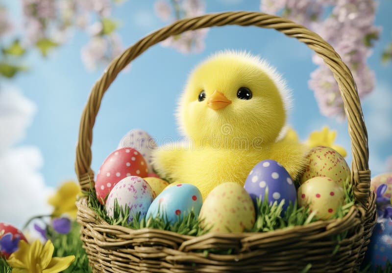 The Image of a Cute Easter Chick Sitting in a Basket is Presented in an ...