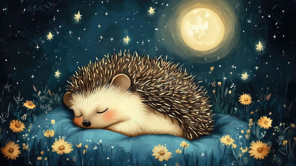 Image of a Cute Hedgehog Sleeping in the Night Under the Moon and Stars ...