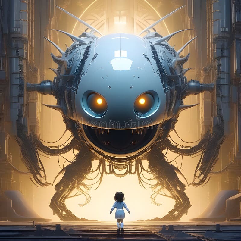 Image of a Cute Horror Robotic Cyborg with Maniacal Smile and Glowing ...