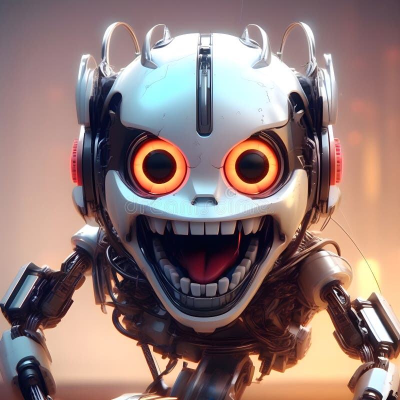Image of a Cute Horror Robotic Cyborg with Maniacal Smile and Glowing ...