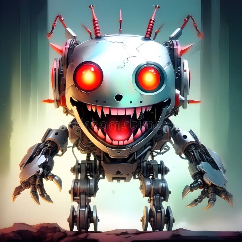 Image of a Cute Horror Robotic Cyborg with Maniacal Smile and Glowing ...