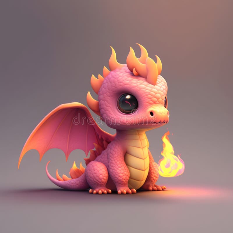 Image of Cute Pink Dragon with Fireball on Purple Background, Using ...
