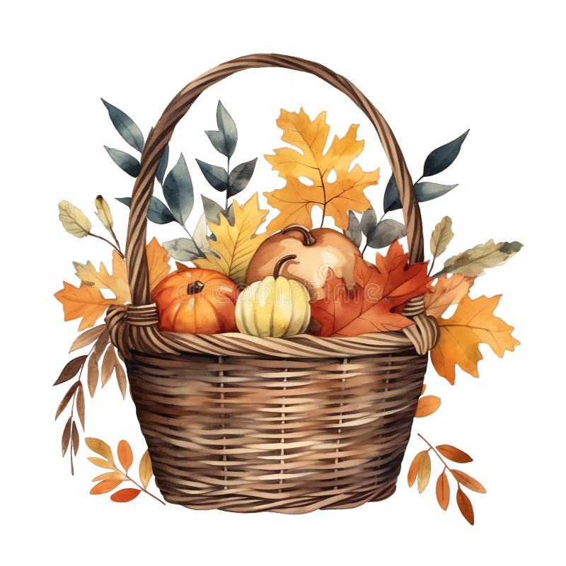 Cute Watercolor Fall Autumn Basket with Pumpkins, Illustration Stock ...